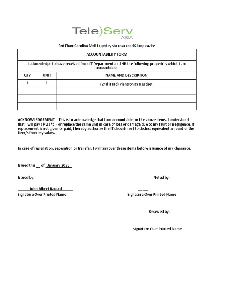 New Accountability Form September Plantronics | PDF | Office Equipment ...