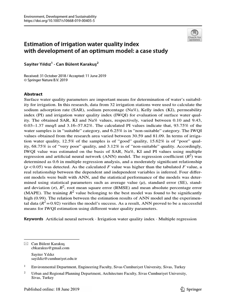 Estimation Of Irrigation Water Quality Index With Development Of An Optimum Model Pdf Water