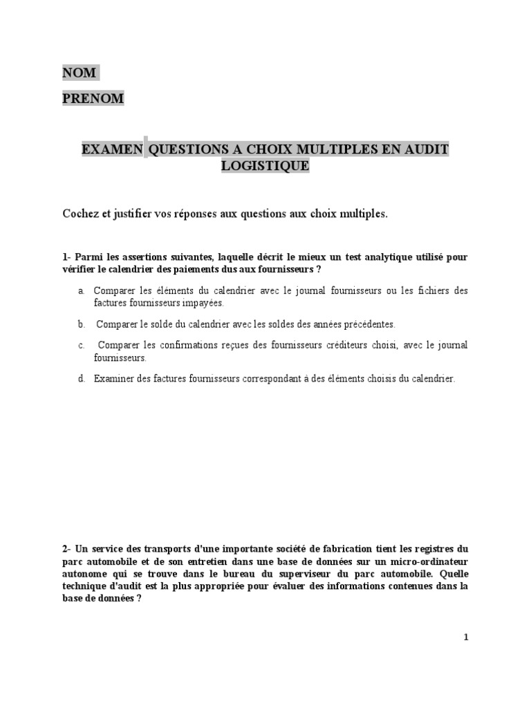 Examen Questions À Choix Multiples Audit Logistique | PDF | Bases de données | Audit