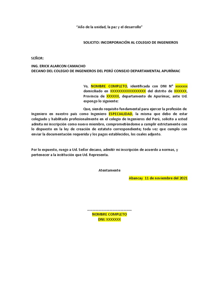 MODELO de Solicitud de Incorporación Simple | PDF