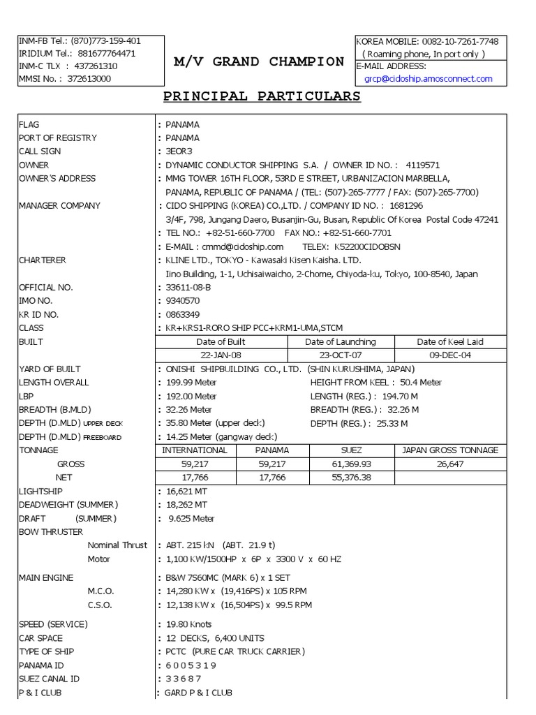 Ship's Particulars - M.V. Grand Champion | PDF | Tonnage | Watercraft