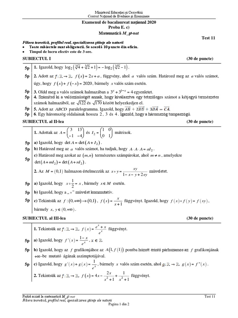 Bac 2020 E C Matematica St-Nat Test.11 LB - Maghiara | PDF
