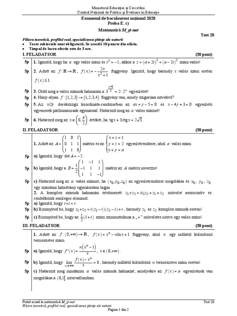 E C Matematica SN 2020 Test 20 LB - Maghiara | PDF