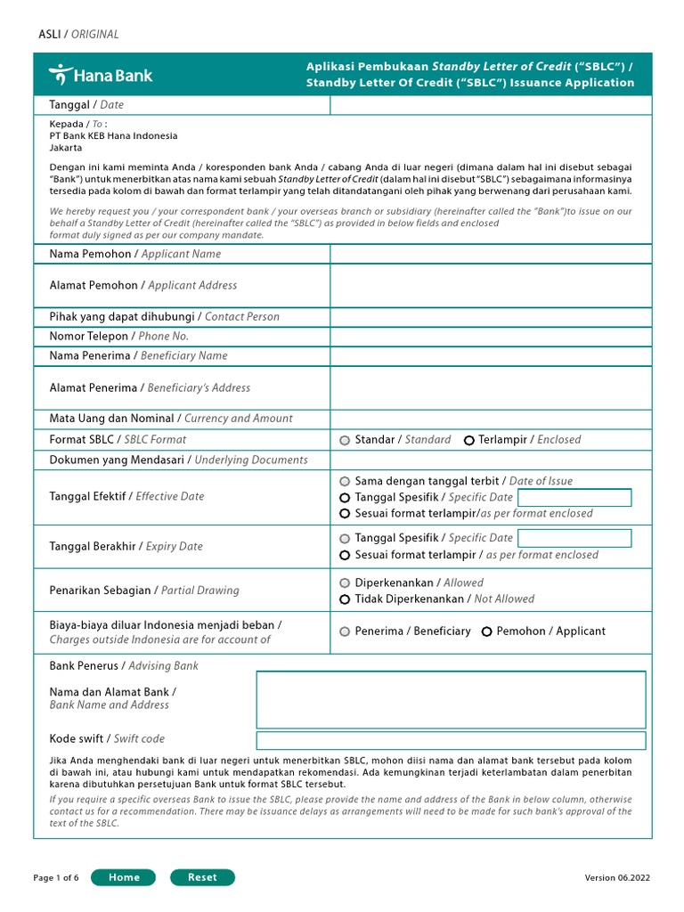 Aplikasi Pembukaan SBLC - SBLC Issuance Application | PDF