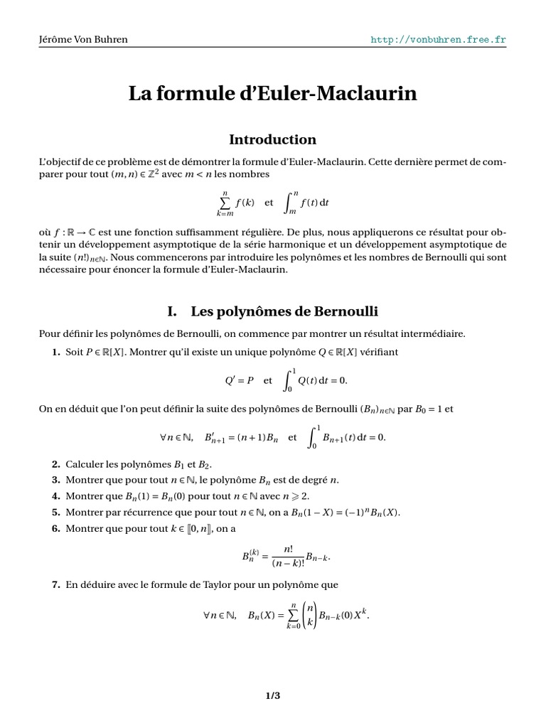 Démonstration de la formule d'Euler-Maclaurin | PDF | Théorie des ...