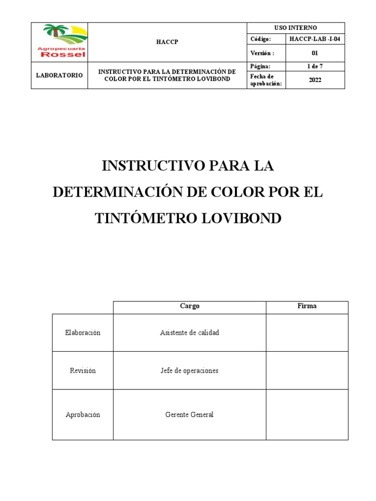 Haccp-Lab-I-04-Instructivo de Determinación de Color Por El Tintómetro Lovibond | PDF | Color ...
