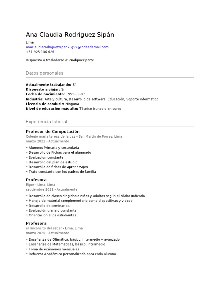CVAna Claudia Rodriguez Sipán | PDF | Enseñando | Informática
