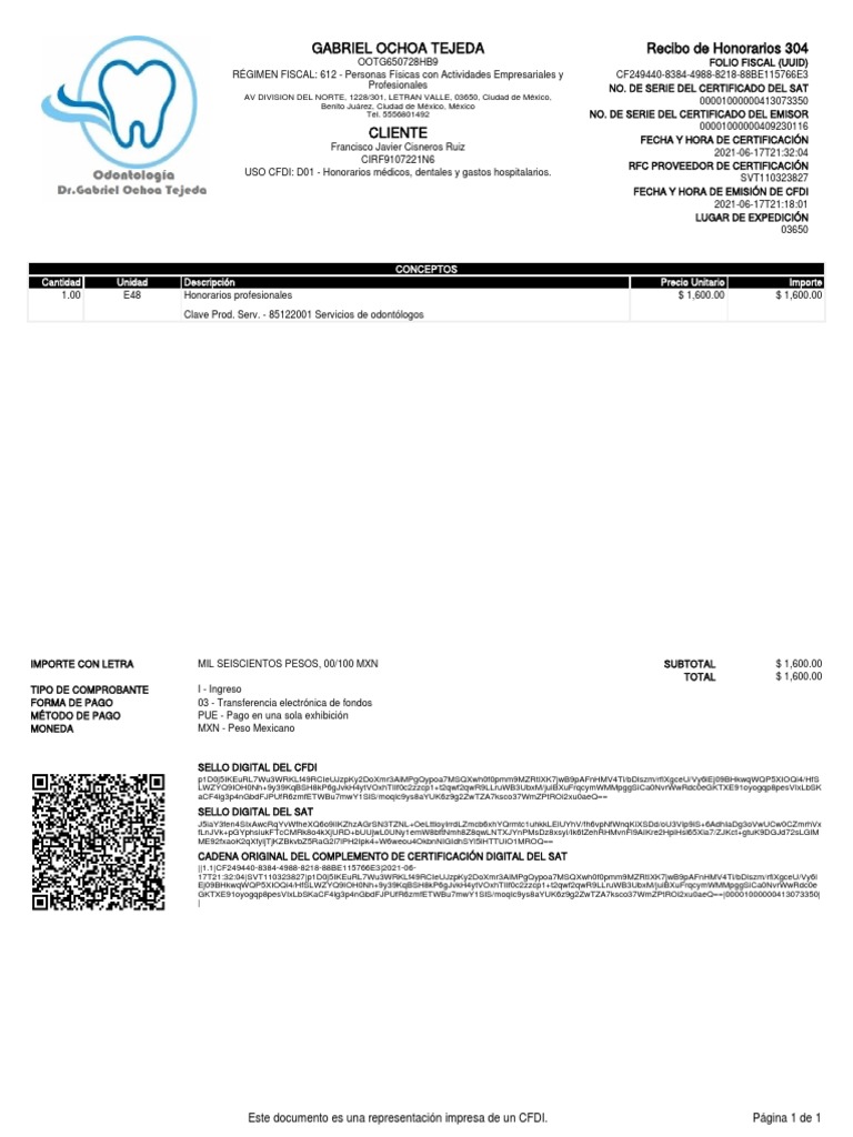 Factura Odontológica CFDI D01 | PDF | Pagos
