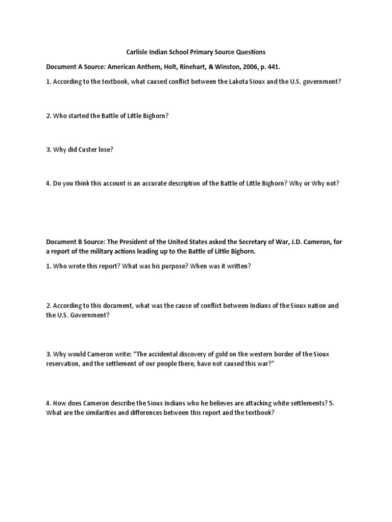 Carlisle Indian Primary Source Questions | PDF | Battle Of The Little ...