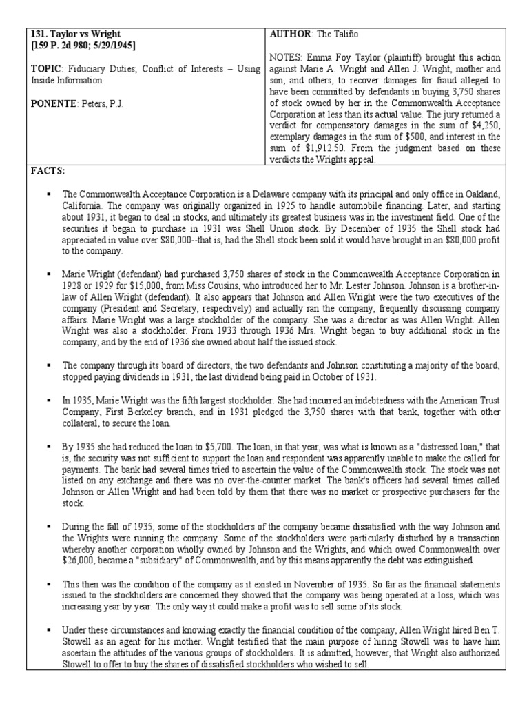 Fiduciary Duties in Taylor vs Wright | PDF | Stocks | Debt