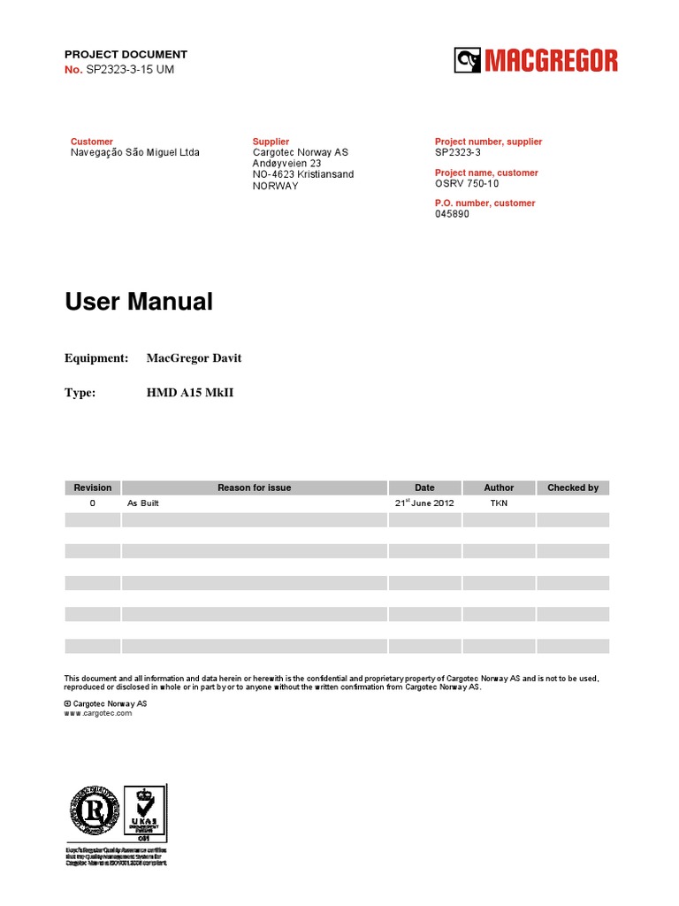 16.5.user Manual - Davit HMD A15 MacGregor | PDF | Pump | Elevator
