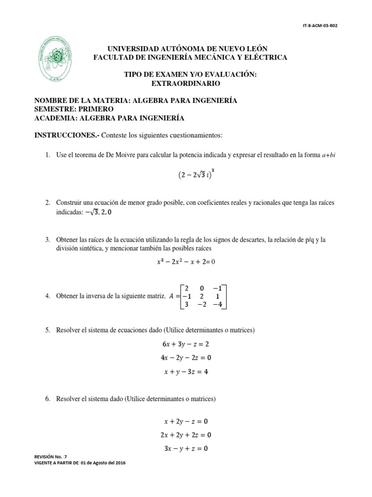 Examen Extraordinario de Álgebra FIME | PDF