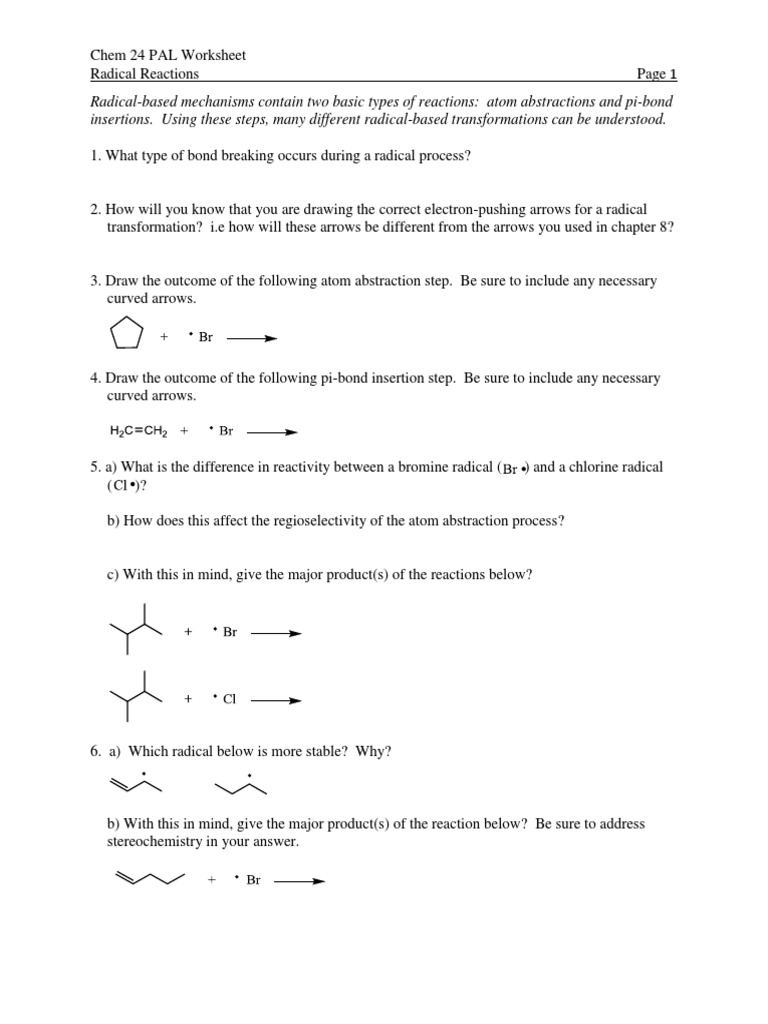 Radical Reactions Worksheet Guide | PDF | Technology & Engineering