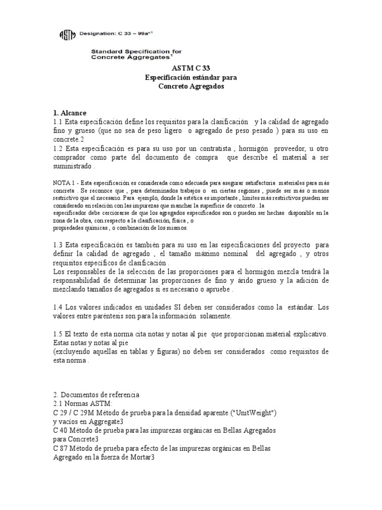 Especificación ASTM C 33: Agregados para Concreto | PDF | Hormigón ...
