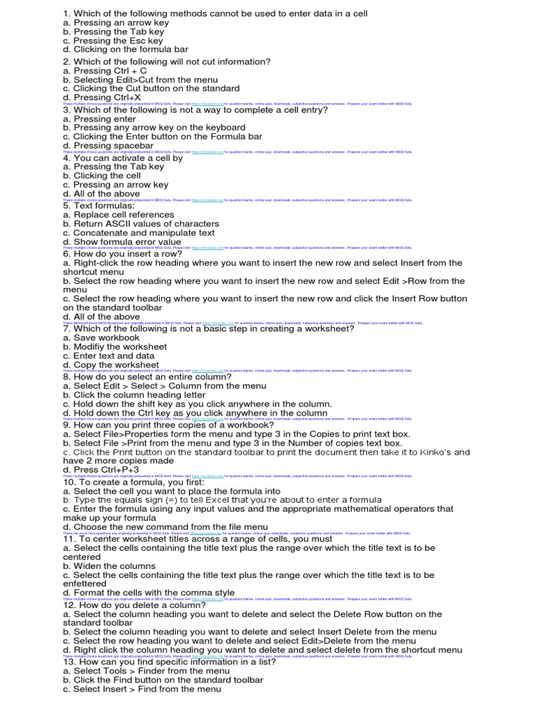 MCQ Questions From Microsoft Excel | PDF | Microsoft Excel | Multiple ...