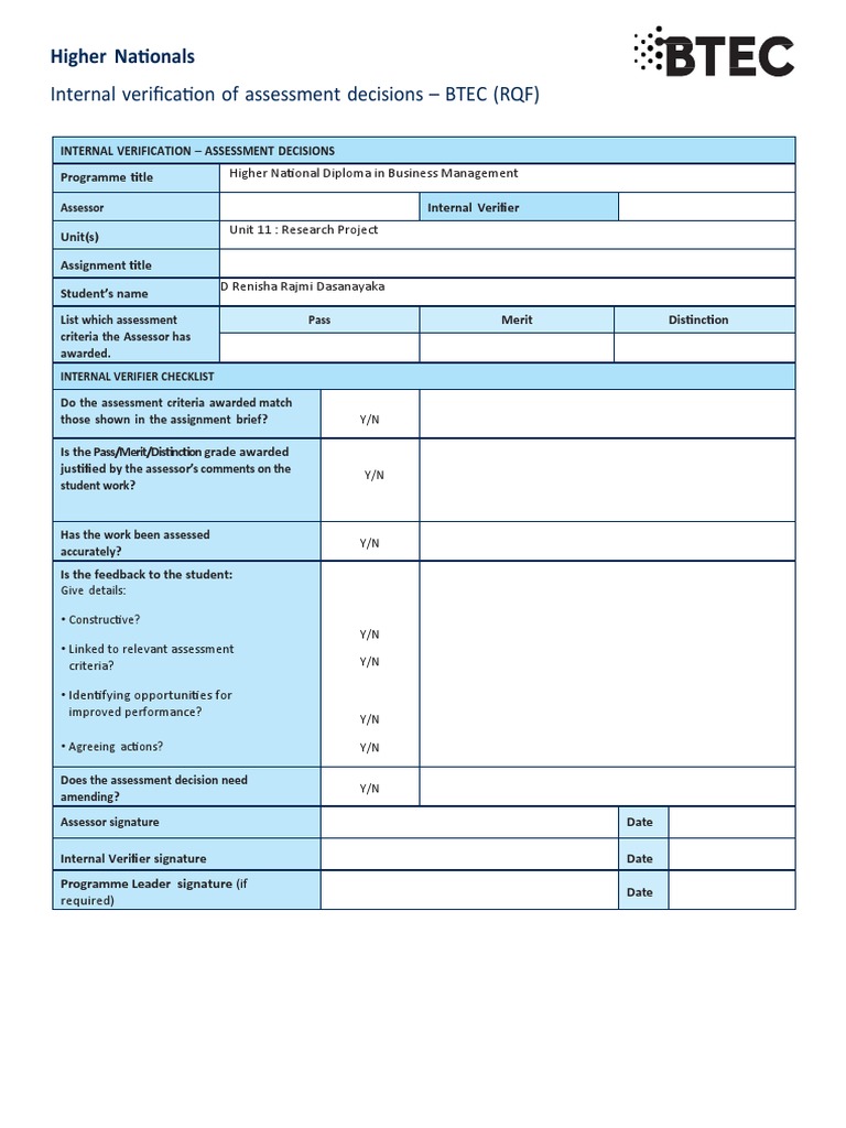 Internal Verification of Assessment Decisions - BTEC (RQF) : Higher Nationals | PDF | Survey ...