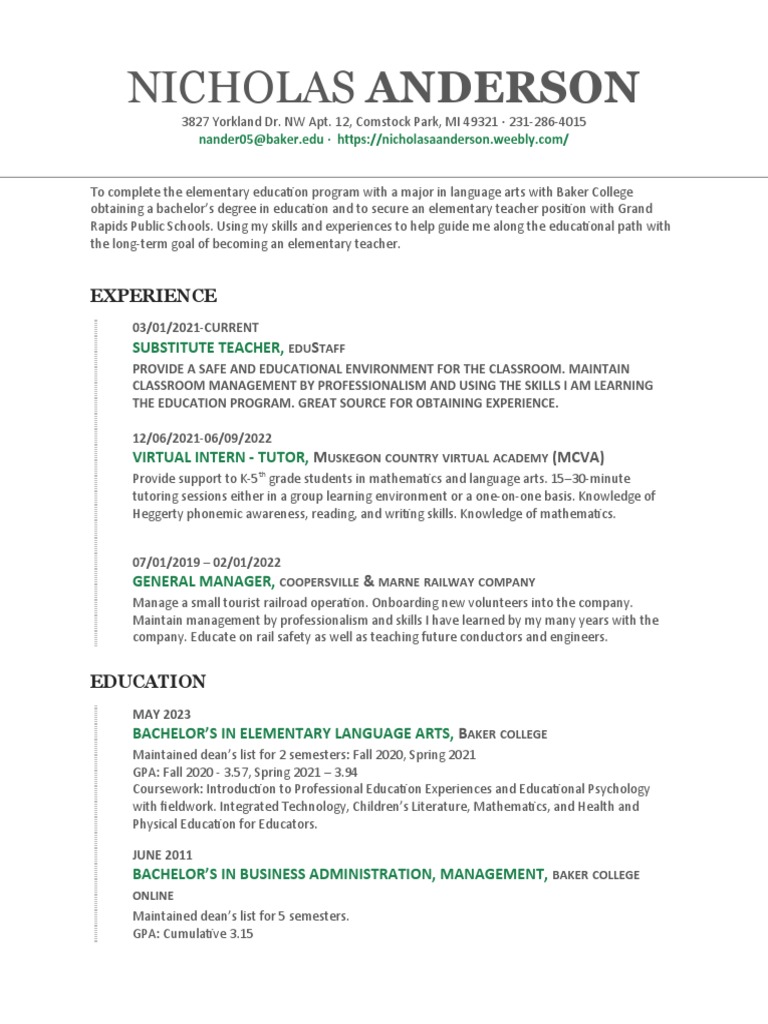 Nicholas Anderson Resume | PDF | Teachers | Bachelor's Degree
