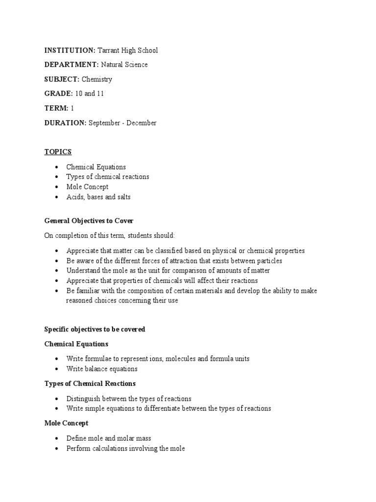 Grade 10 and 11 Chem Unit Plan | PDF | Chemical Reactions | Chemistry