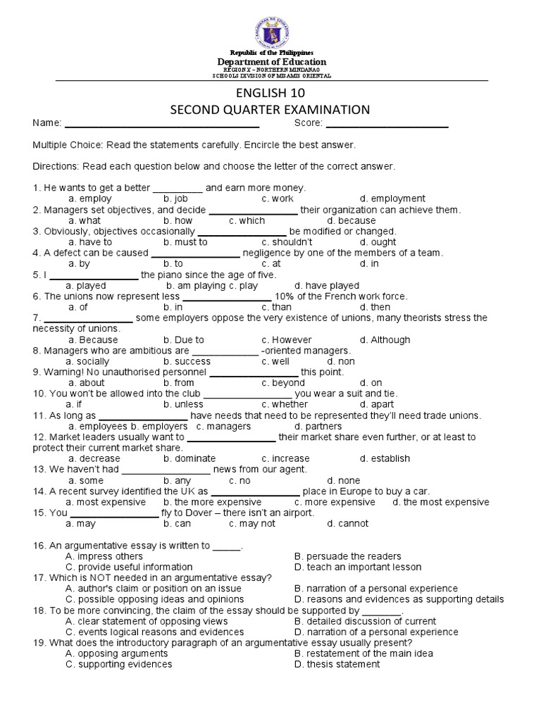 English 10 Second Quarter Examination: Department of Education | PDF ...