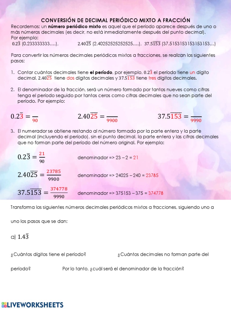 Conversión de Decimal Periódico Mixto A Fracción | PDF | Decimal ...