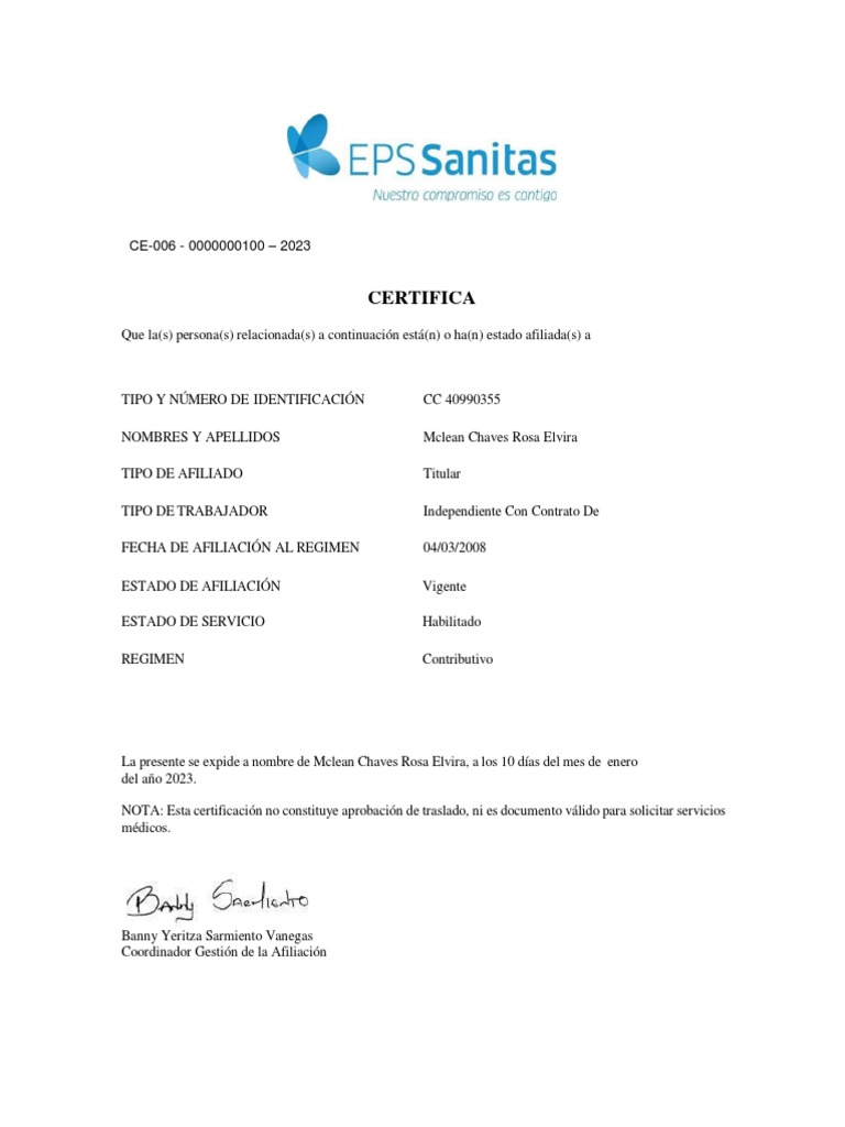 Certificado de Afiliación Salud Independiente | PDF