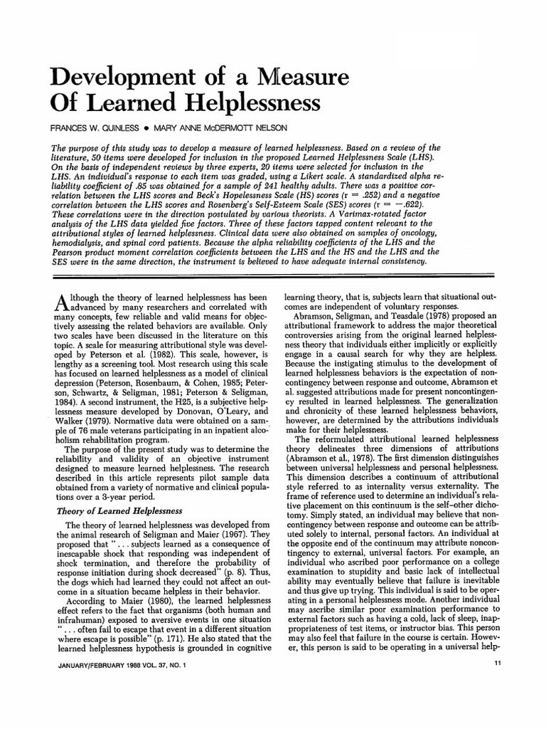 Development of A Measure of Learned Helplessness | PDF