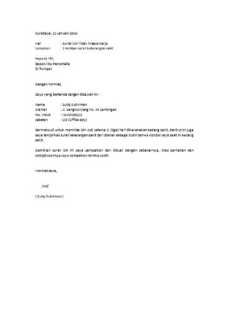 Surat Ijin Tidak Masuk Kerja | PDF