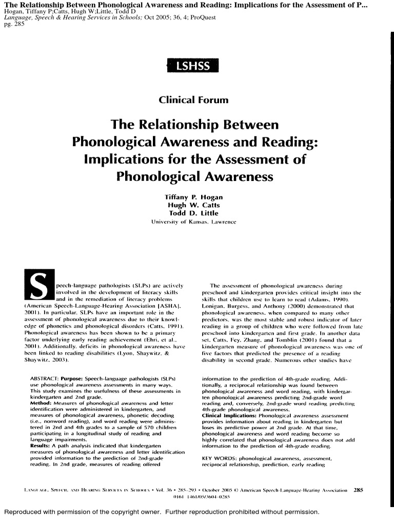 The Relationship Between Phonological Awareness and Reading Tiffany Hogan Catts Hugh Todd Little ...
