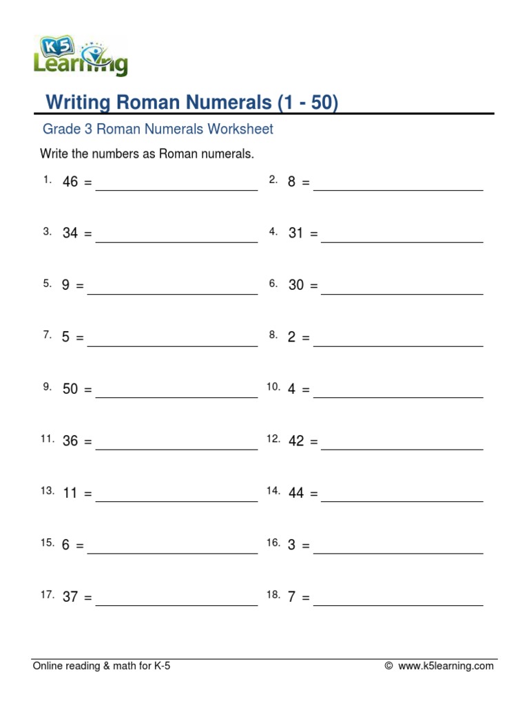 Grade 3 Roman Numerals Write 1 50 e | PDF