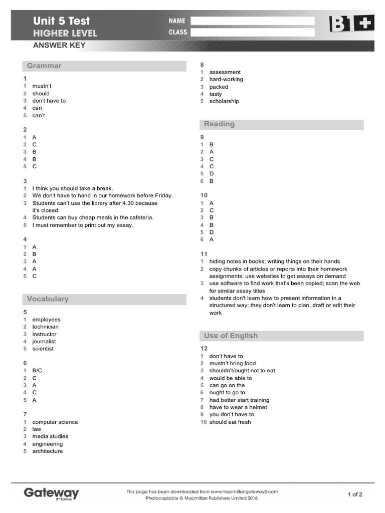 B1+ UNIT 5 Test Answer Key Higher | PDF | Cognition | Communication