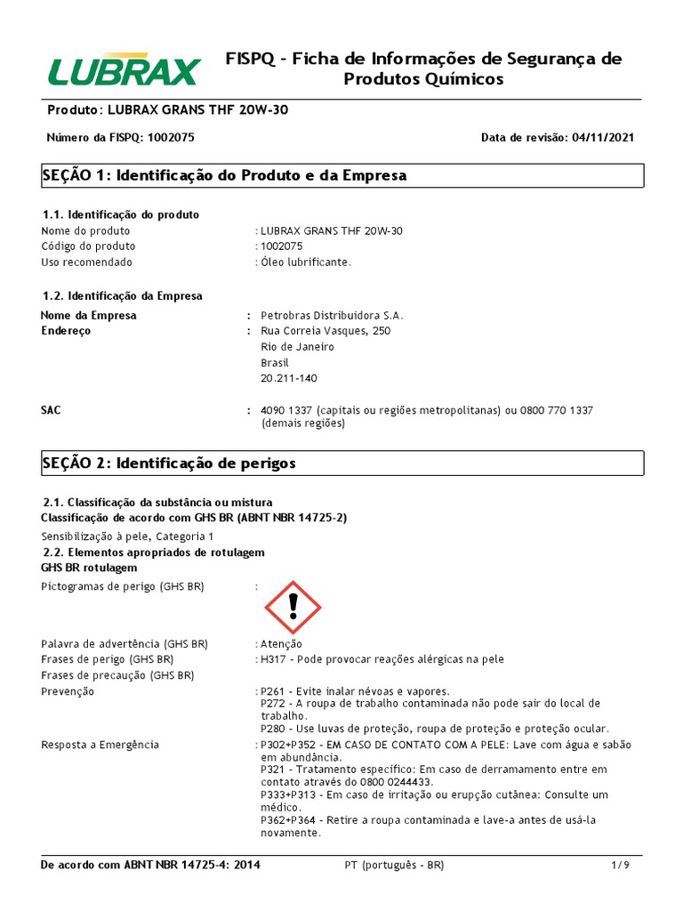Ficha de Segurança de Produto Químico fornece informações sobre o óleo ...