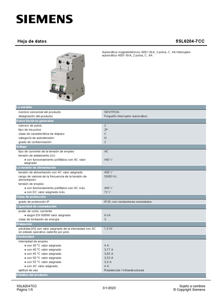 5SL62047CC - Datasheet - Es Interruptor 2 X 4 Amps. | PDF | Corriente ...