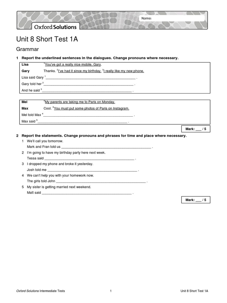 Oxford Solutions Intermediate U8 Short Test 1A | PDF