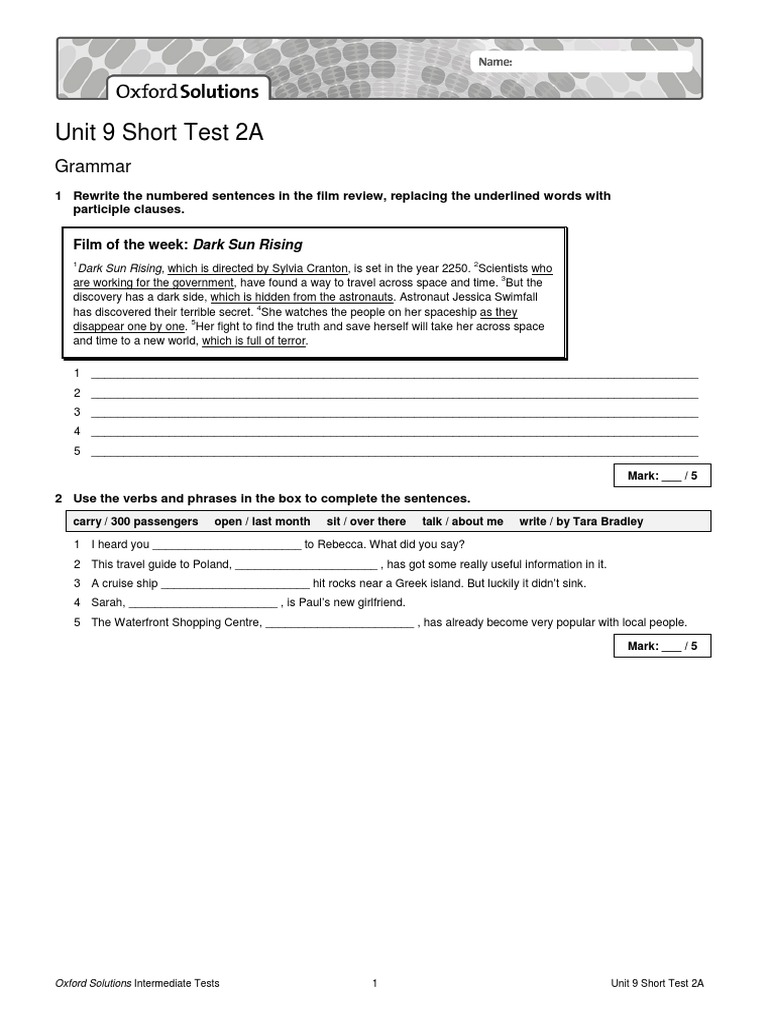 Oxford Solutions Intermediate U9 Short Test 2A | PDF | Sentence ...
