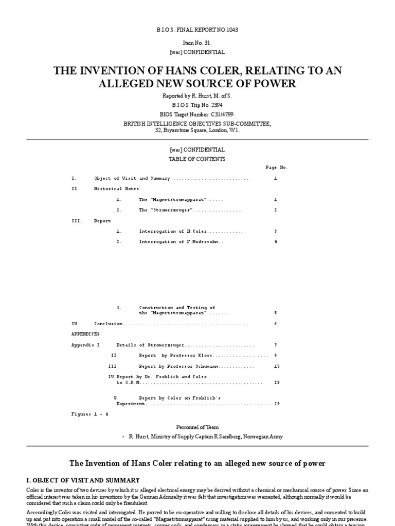 Hans Coler Report | PDF | Inductor | Electric Current