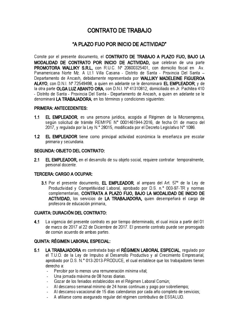 Contrato de Trabajo Abanto | PDF | Salario | Derecho laboral