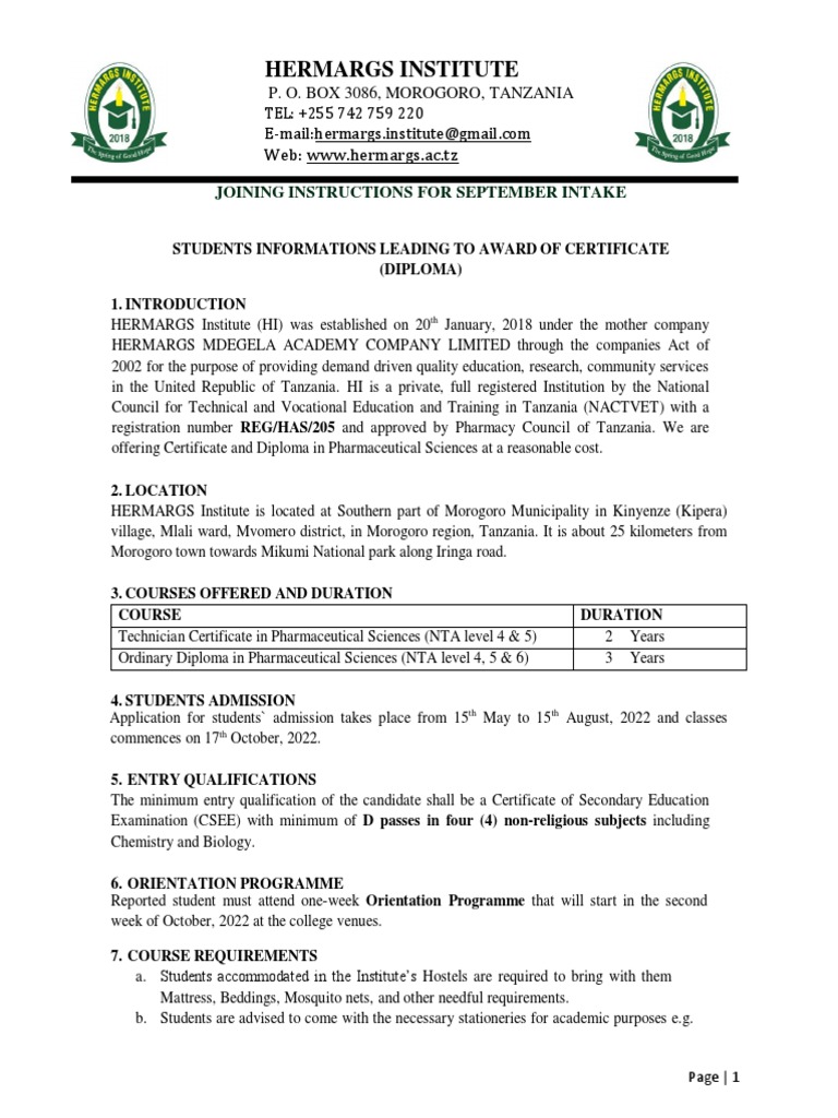 Hi Joining Instructions Form (1) - 052434 | PDF | Cafeteria | Fee