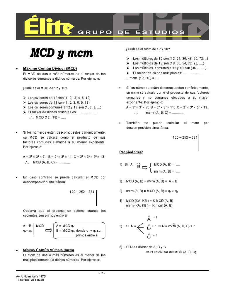 Máximo Común Divisor (MCD) : Mínimo Múltiplo (MCM) | PDF | Funciones y ...