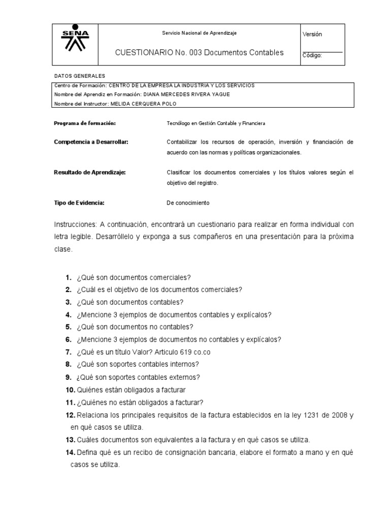 Actividad - Cuestionario No. 003 Documentos Contables | PDF | Contabilidad | Bancos