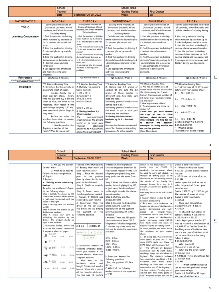 G6 DLL Q1 Week 6 | PDF | Microsoft Excel | Division (Mathematics)