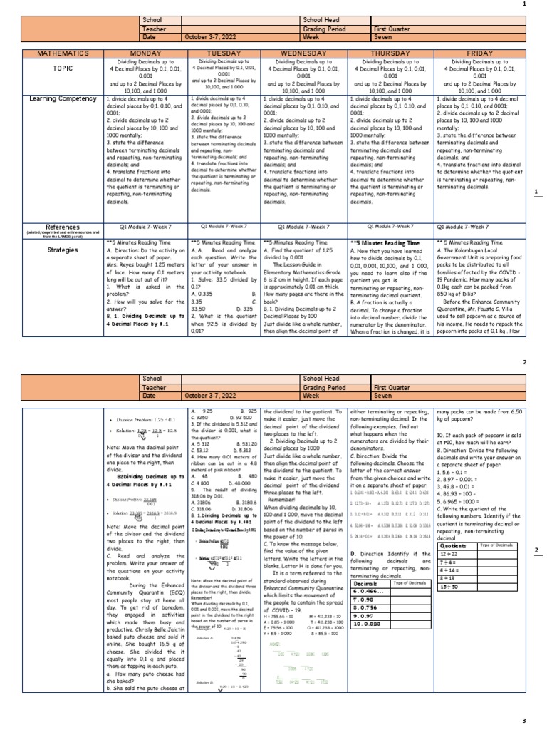 G6 DLL Q1 Week 7 | PDF | Division (Mathematics) | Internet