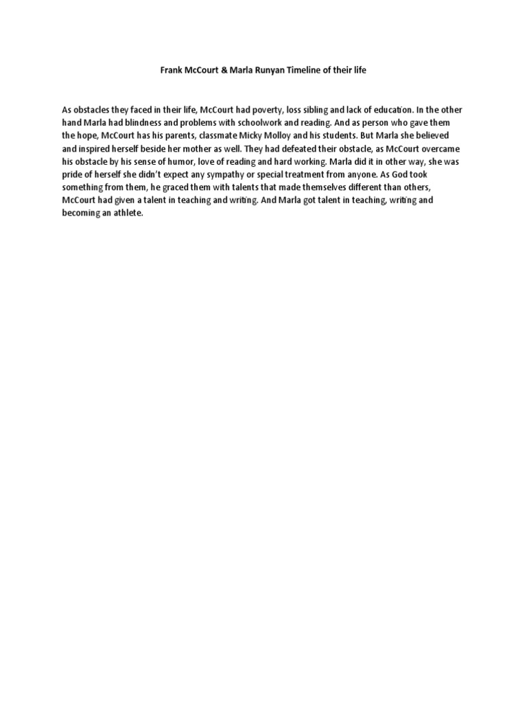 Frank McCourt & Marla Runyan Timeline of Their Life | PDF