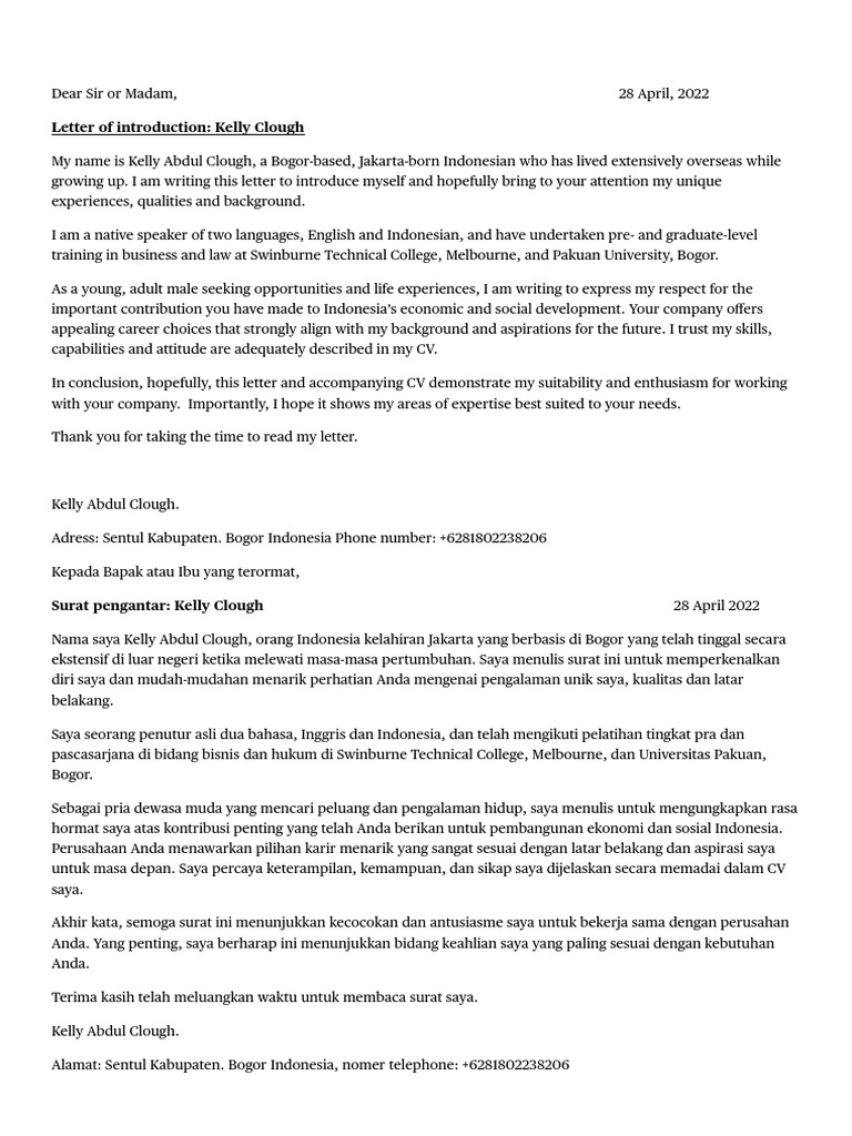 Letter of Introduction Kelly Clough | PDF