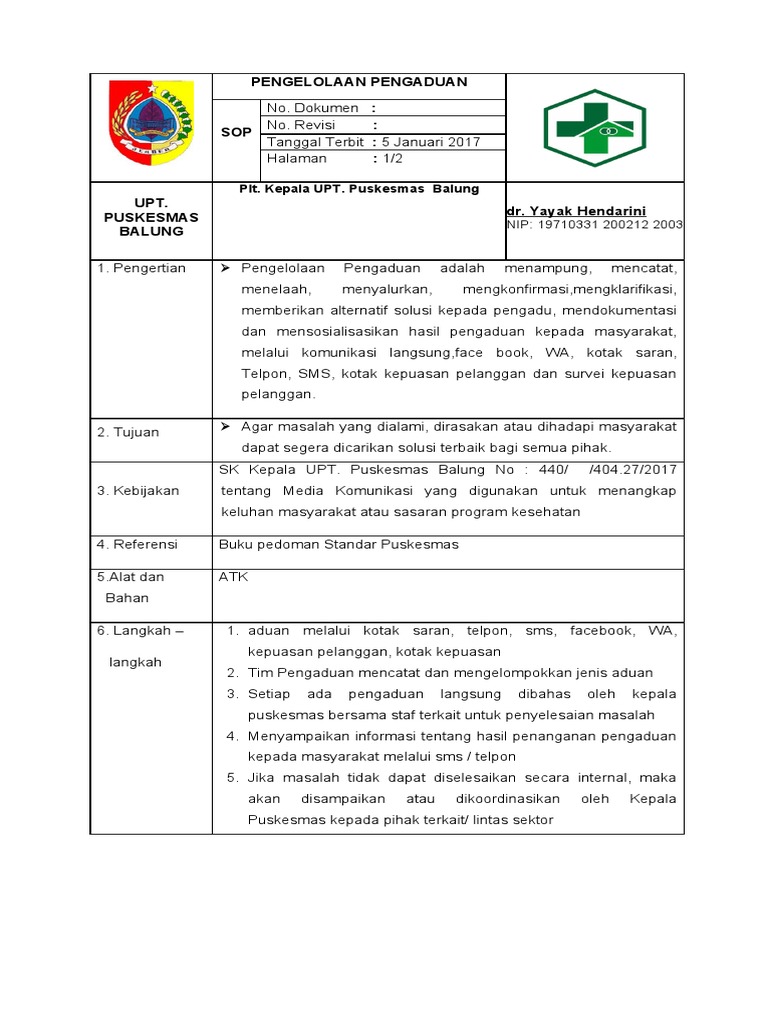 SOP Pengelolaan Pengaduan Puskesmas Balung | PDF