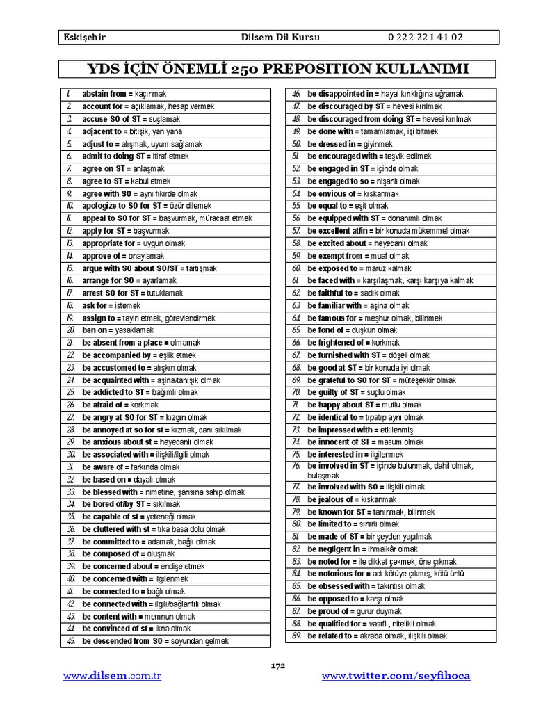 Yds İçi̇n Önemli̇ 250 Preposition Kullanimi | PDF