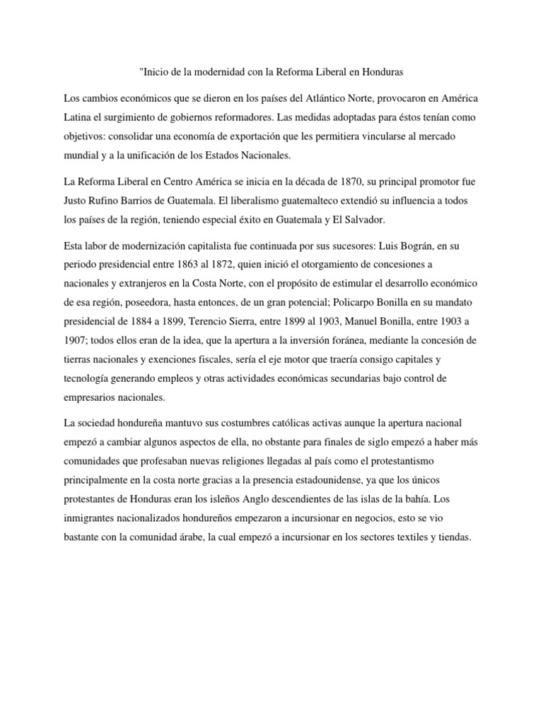 Inicio de La Modernidad Con La Reforma Liberal en Honduras | PDF