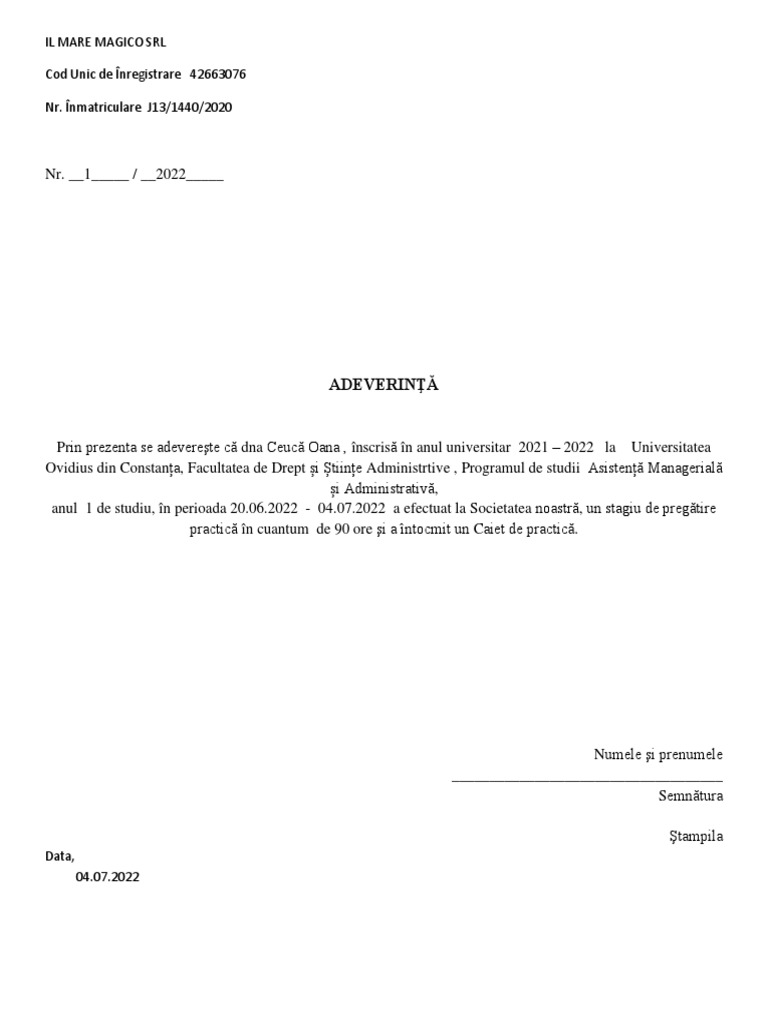 Model Adeverinta Practica ANEXA4 | PDF