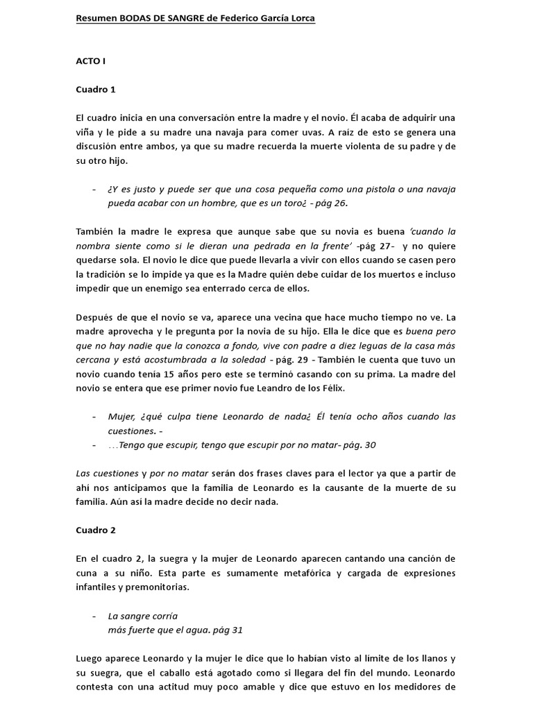 Resumen BODAS DE SANGRE de Federico García Lorca | PDF