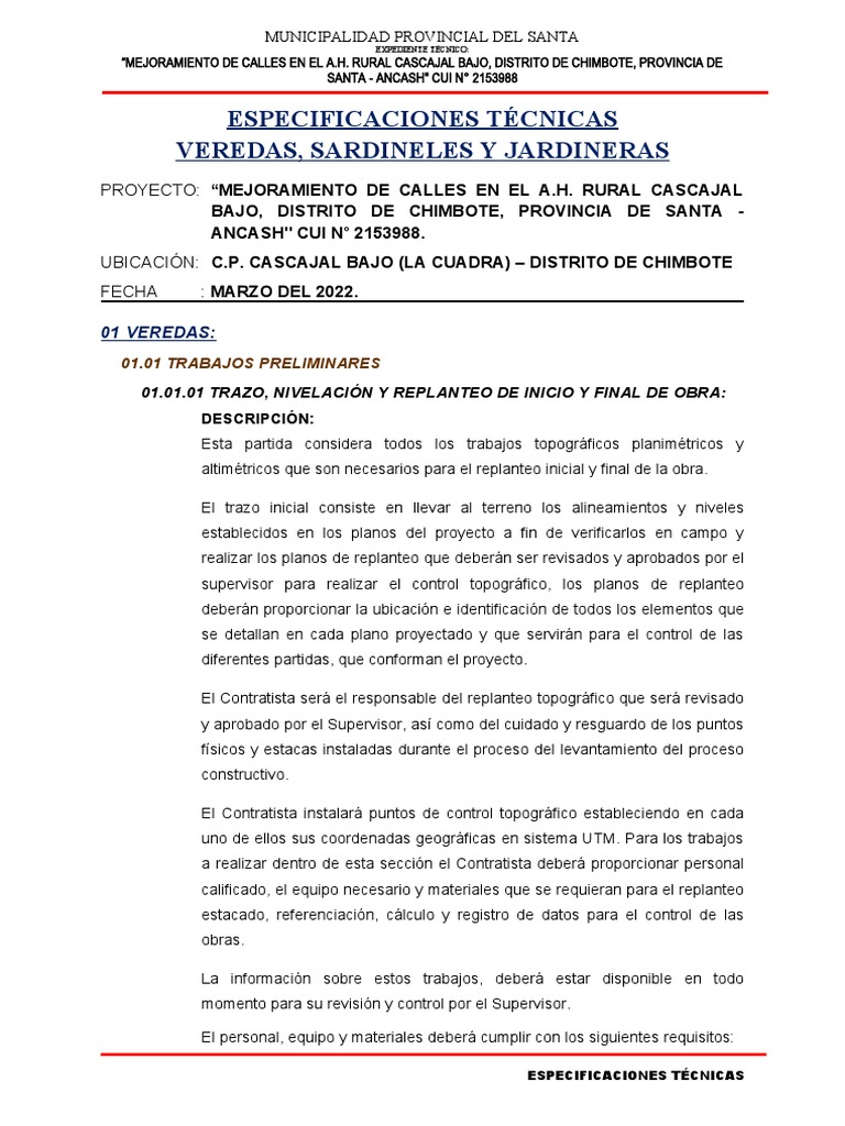 03 Especificaciones Técnicas - Veredas, Sardineles y Jardineras | PDF ...