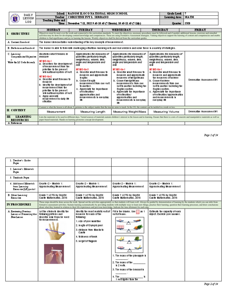 DLL Math 7 Quarter 2 Week 1 | PDF | Foot (Unit) | Volume